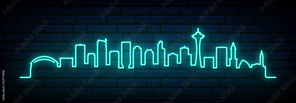 Blue neon skyline of Seattle city. Bright Dallas long banner. Vector ...