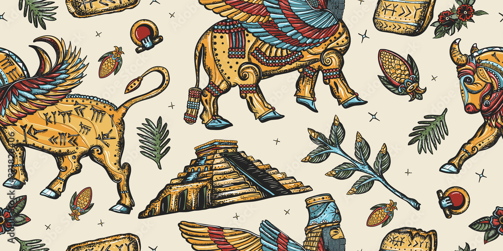 Ancient Sumerian Civilization. Seamless pattern. Old school tattoo ...