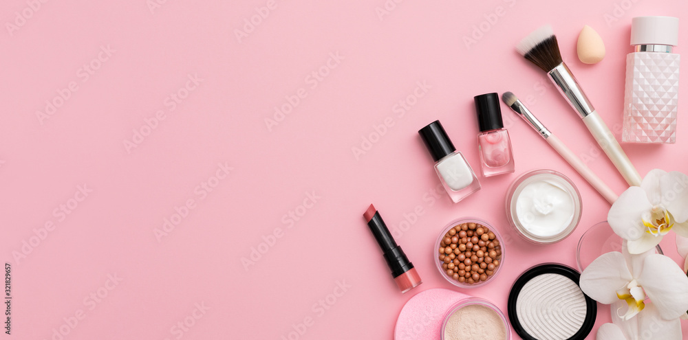 Beauty background with facial cosmetic products. Makeup, skin care ...