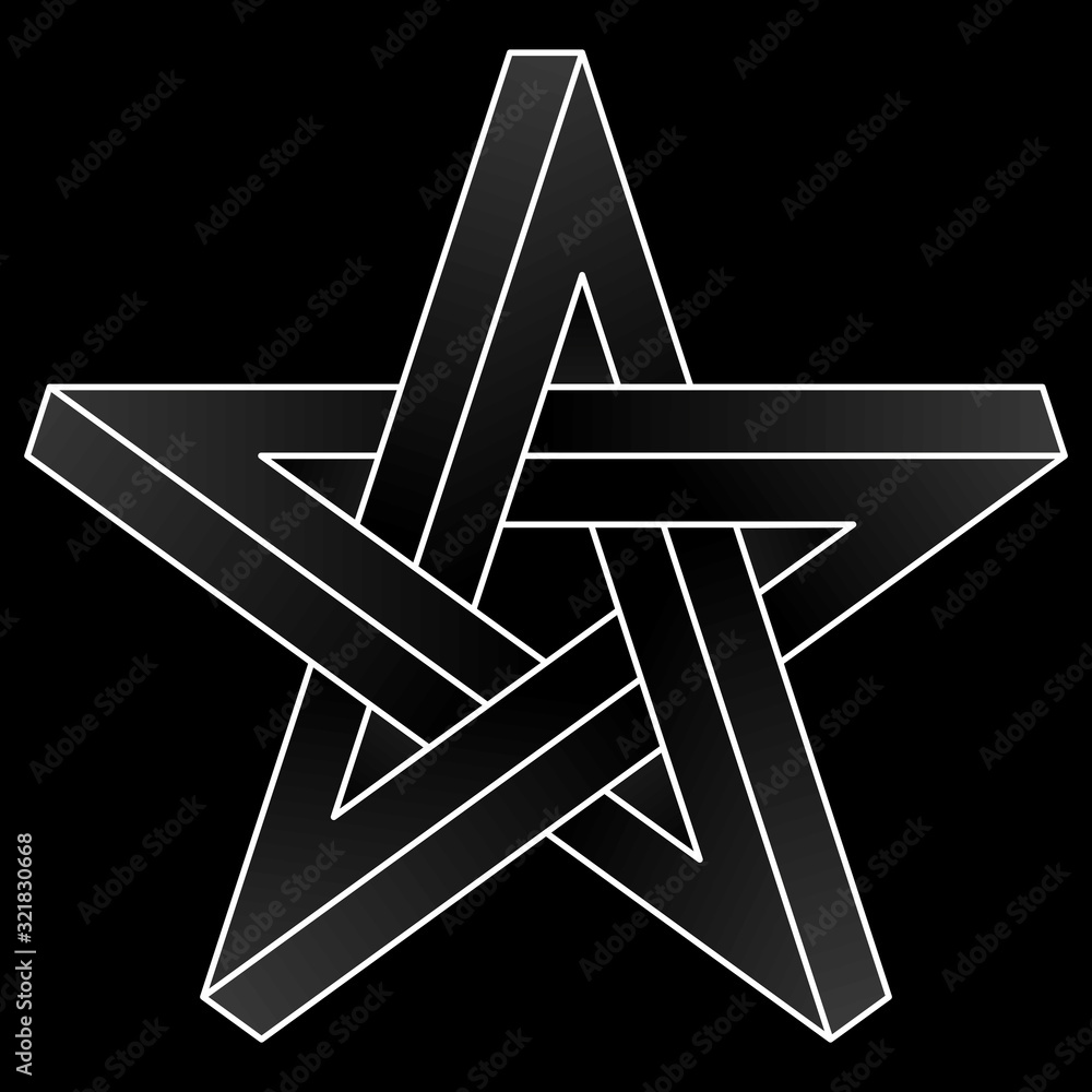 Impossible pentagram icon. White vector optical illusion shape on black ...