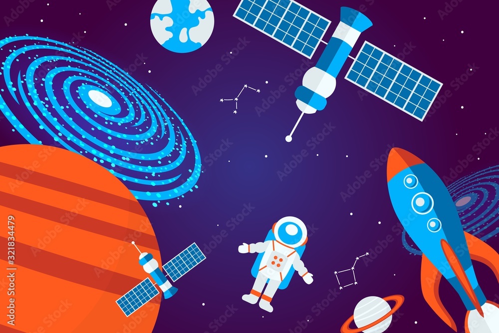 Outer space background, vector illustration. Astronomy poster for children, simple flat style ...