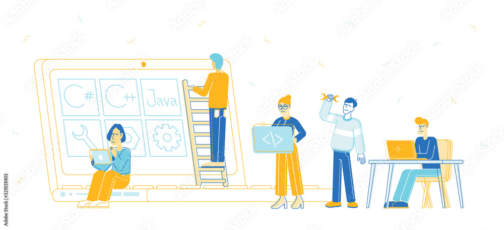 Image vectorielle Stock Front End Development Concept. Developers Create Web Interface, Coding ...