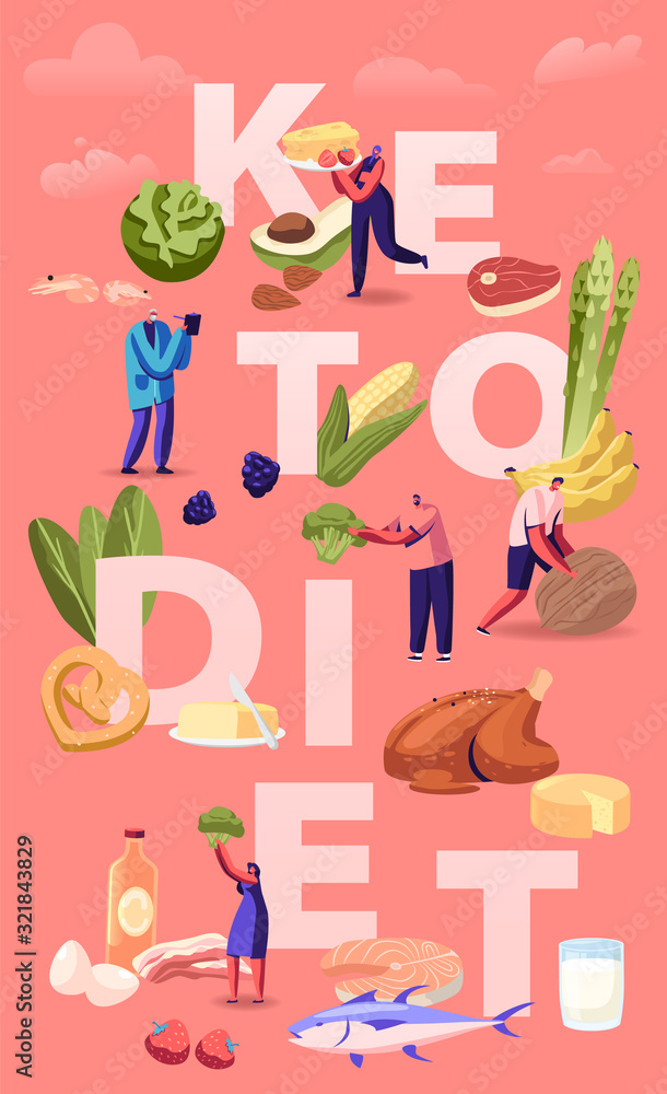 Ketogenic Diet Concept. Male and Female Characters with Balanced Low ...