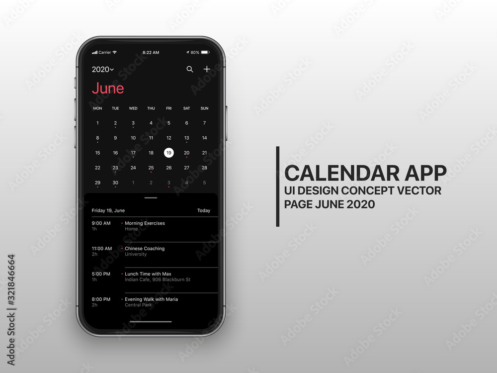 Calendar App Page June 2020 with To Do List and Tasks UI UX Design Mockup Dark Mode Vector on ...