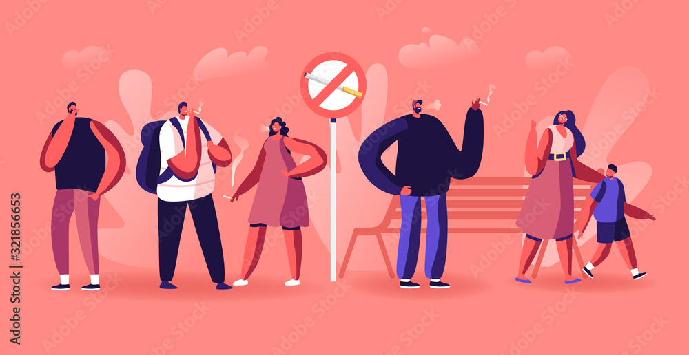 Smoking Addiction Concept. People Smoke Cigarettes in Public Place near ...