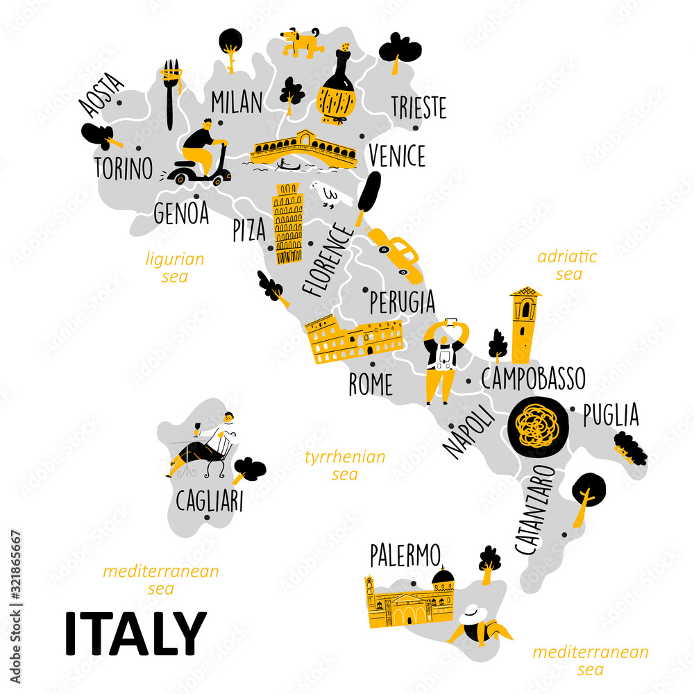 Vetor Stylized map of Italy with main attractions, landmarks and ...