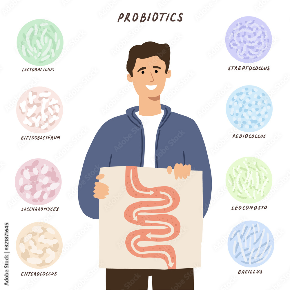 Probiotics concept. Man showing his good digestion with the help of ...