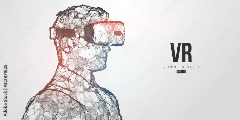 VR headset holographic low poly wireframe vector banner. Polygonal man ...