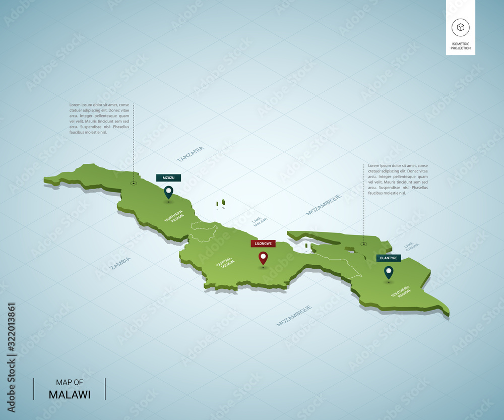 Stylized map of Malawi. Isometric 3D green map with cities, borders ...