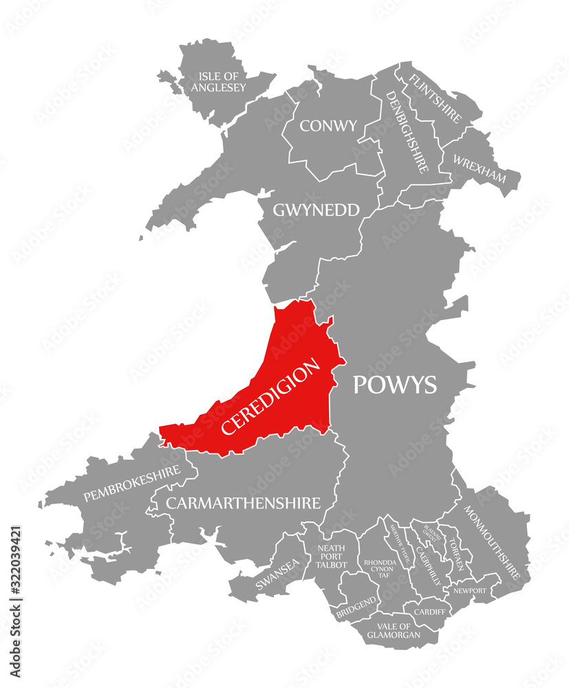 Ceredigion red highlighted in map of Wales Stock Illustration | Adobe Stock
