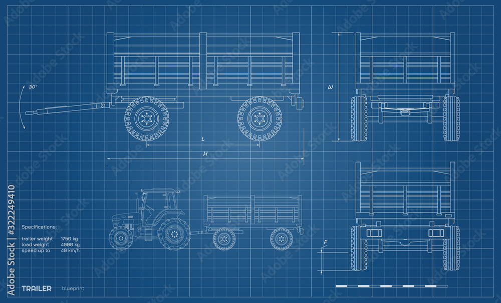 Isolated drawing of tractor trailer in outline style. Side, front and ...