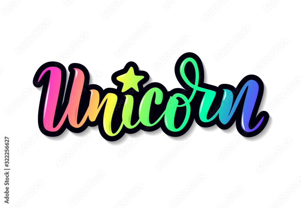 Unicorn vector hand lettering word with rainbow for clothes. Typography ...