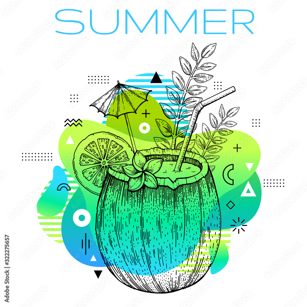 Hello summer, memphis poster with hand drawn coconut, trendy line art ...