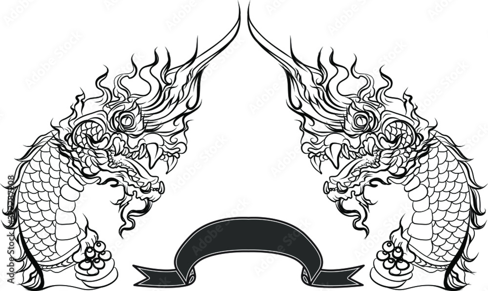Hand drawn Thai Dragon silhouette and paper cut style, Line Thai is ...