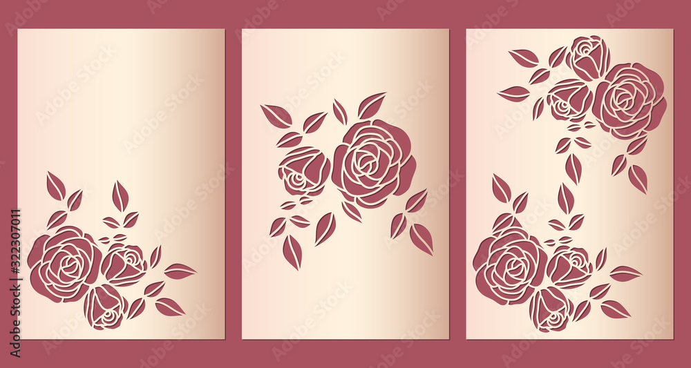 Laser cut wedding invitation cover design set with pattern of roses ...