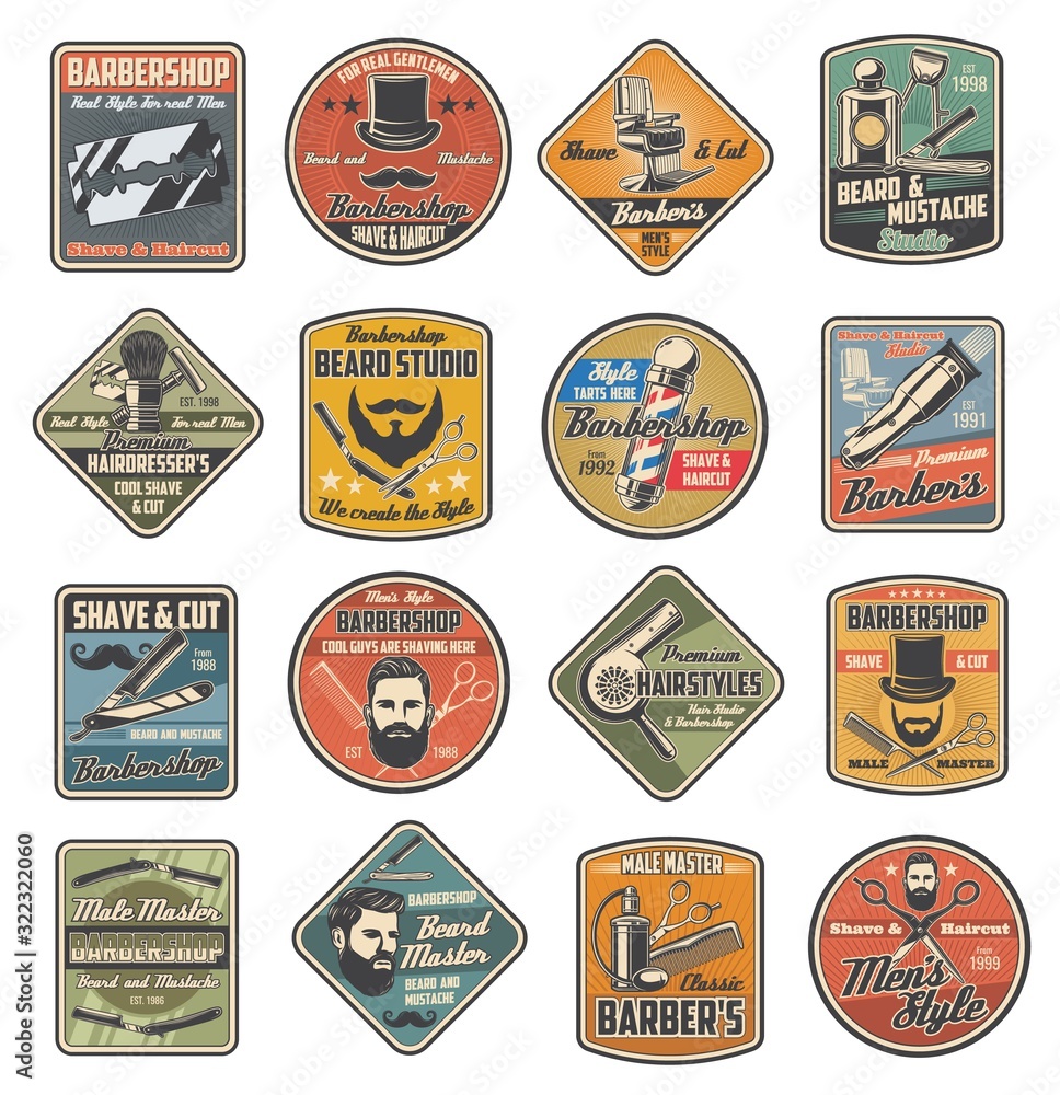Barbershop retro labels of man hair cut, beard and mustache shaving ...