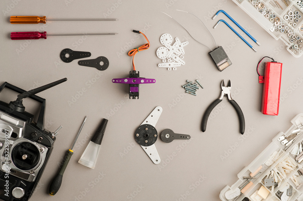 Drone workshop table, with aero model (RC) control, drone parts, and ...