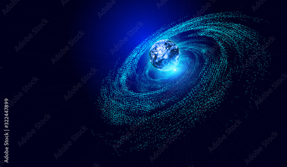 Glowing digital earth, cosmic swirl of particle flow, big data background of network technology ...