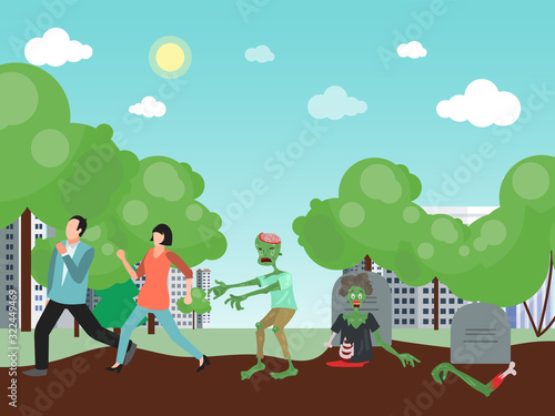 People running away from the zombie who is chasing background with old ...