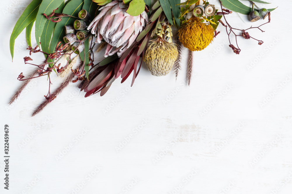 Beautiful flat lay floral arrangement of mostly Australian native ...