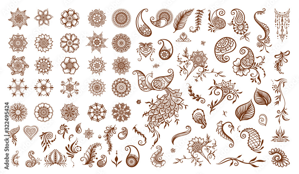 Set of elements for design in mehendi, traditional indian henna style ...