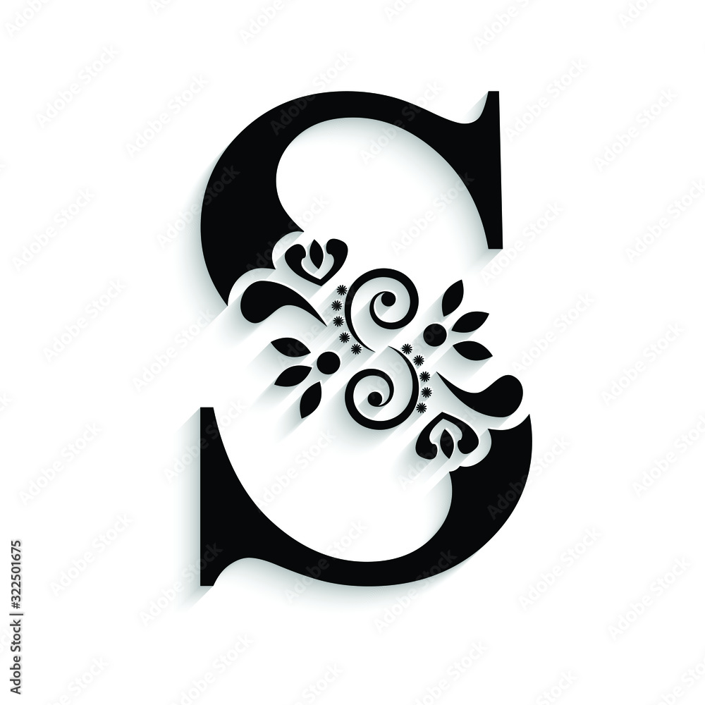 letter S. Black flower alphabet. Beautiful capital letters with shadow ...