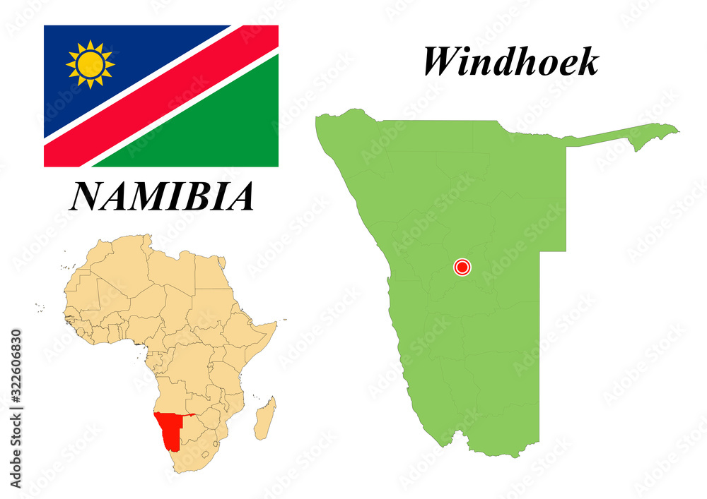 Republic of Namibia. Capital of Windhoek. Flag of Namibia. Map of the ...