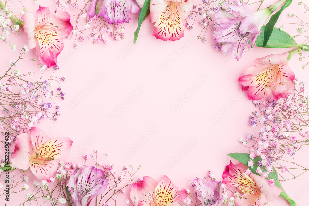 Floral composition. FLowers border frame with gypsophila and ...