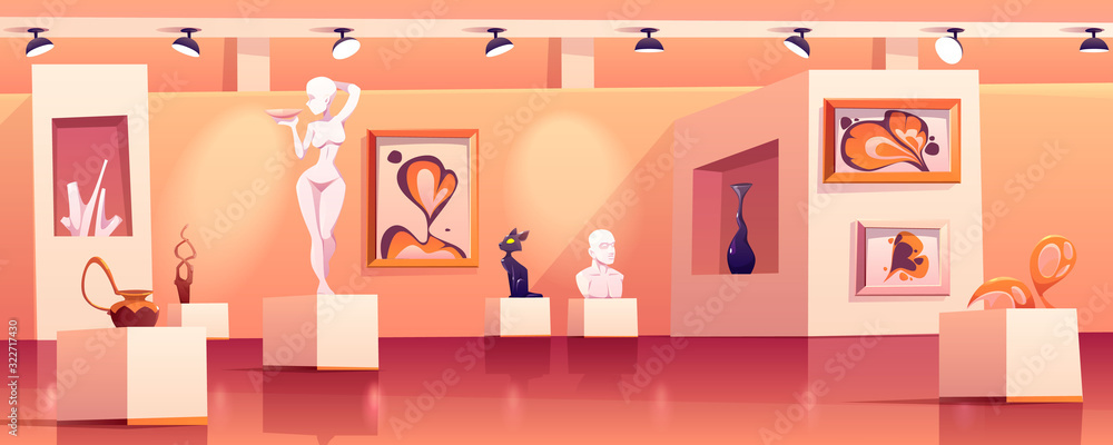 Museum with modern artworks. Art gallery interior with contemporary ...
