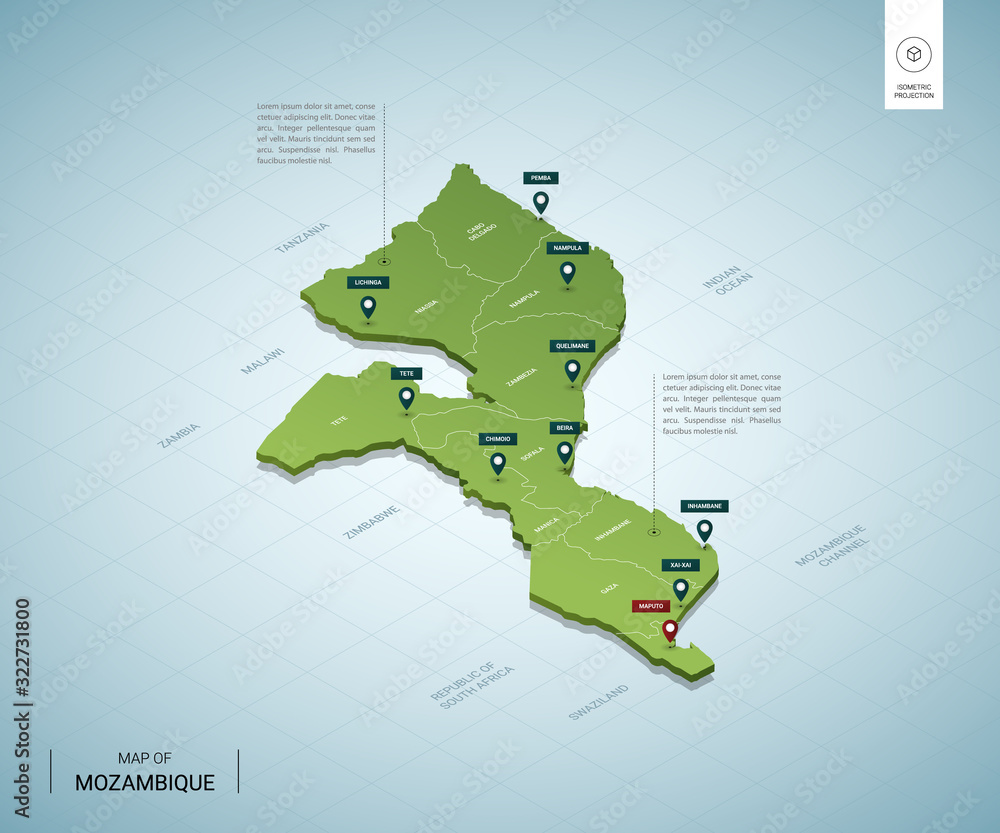 Stylized map of Mozambique. Isometric 3D green map with cities, borders ...