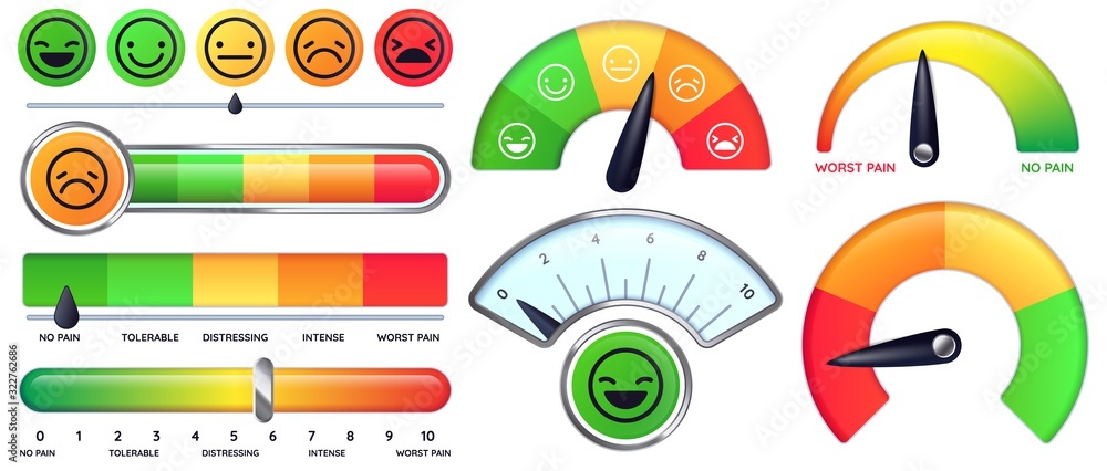 Pain scale meter. Smile and sad emotion measure, no pain and worst pain ...