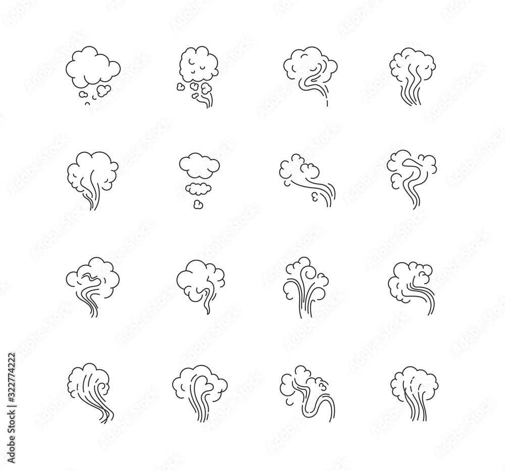 Odor pixel perfect linear icons set. Emission, evaporation. Cigarette ...
