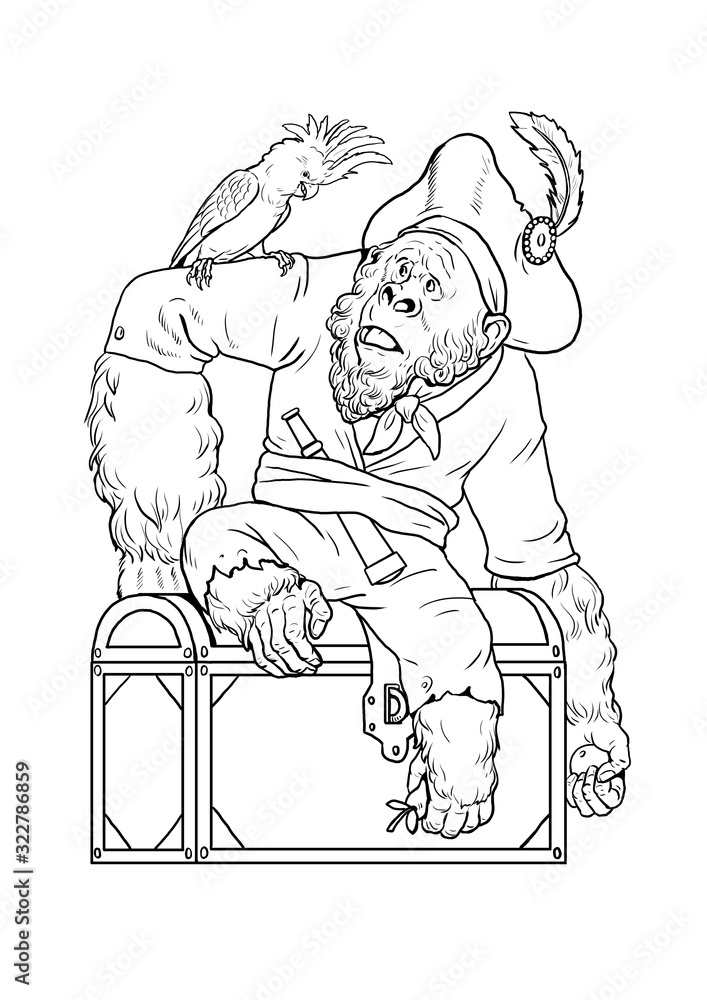 Ilustración de Stock Big gorilla pirate with cockatoo coloring page ...