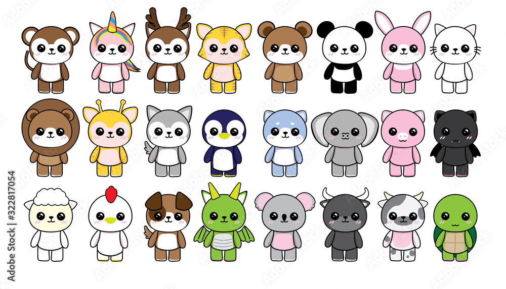 collection character animals cute kawaii on white background Stock ...
