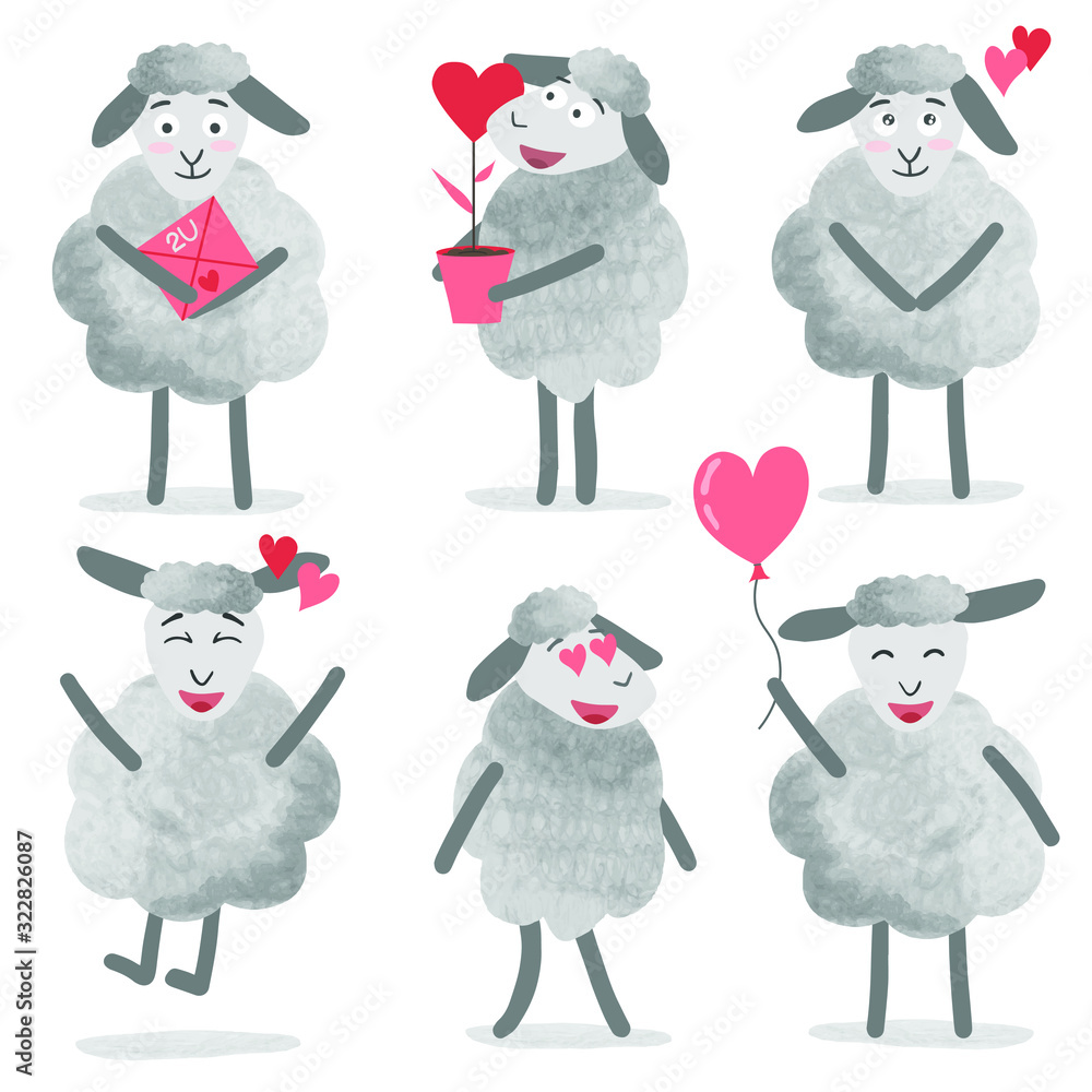 Set of cute sheep characters with different love emotions in different ...