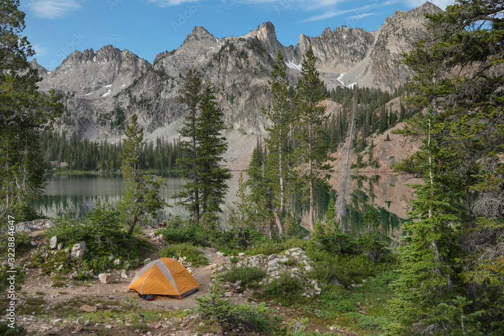 Alice Lake backcountry camp Sawtooth Mountains;Orange backpacking tent ...