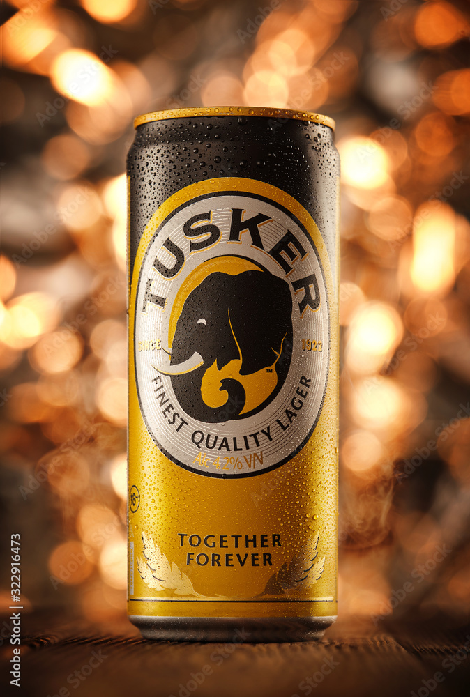 MINSK, BELARUS-FEBRUARY 11, 2019: Can of Tusker beer. Tusker is a beer ...