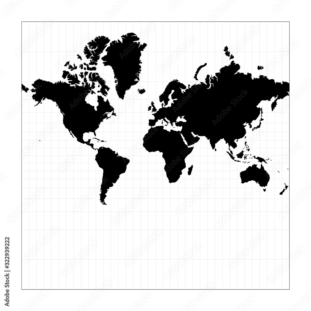 World map with meridians. Spherical Mercator projection. Plan world ...