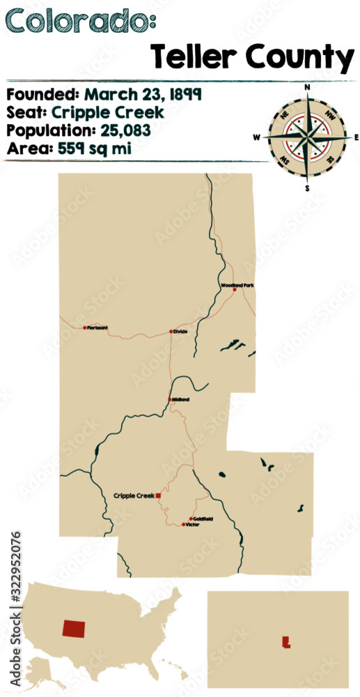 Large and detailed map of Teller county in Colorado, USA. Stock Vector ...