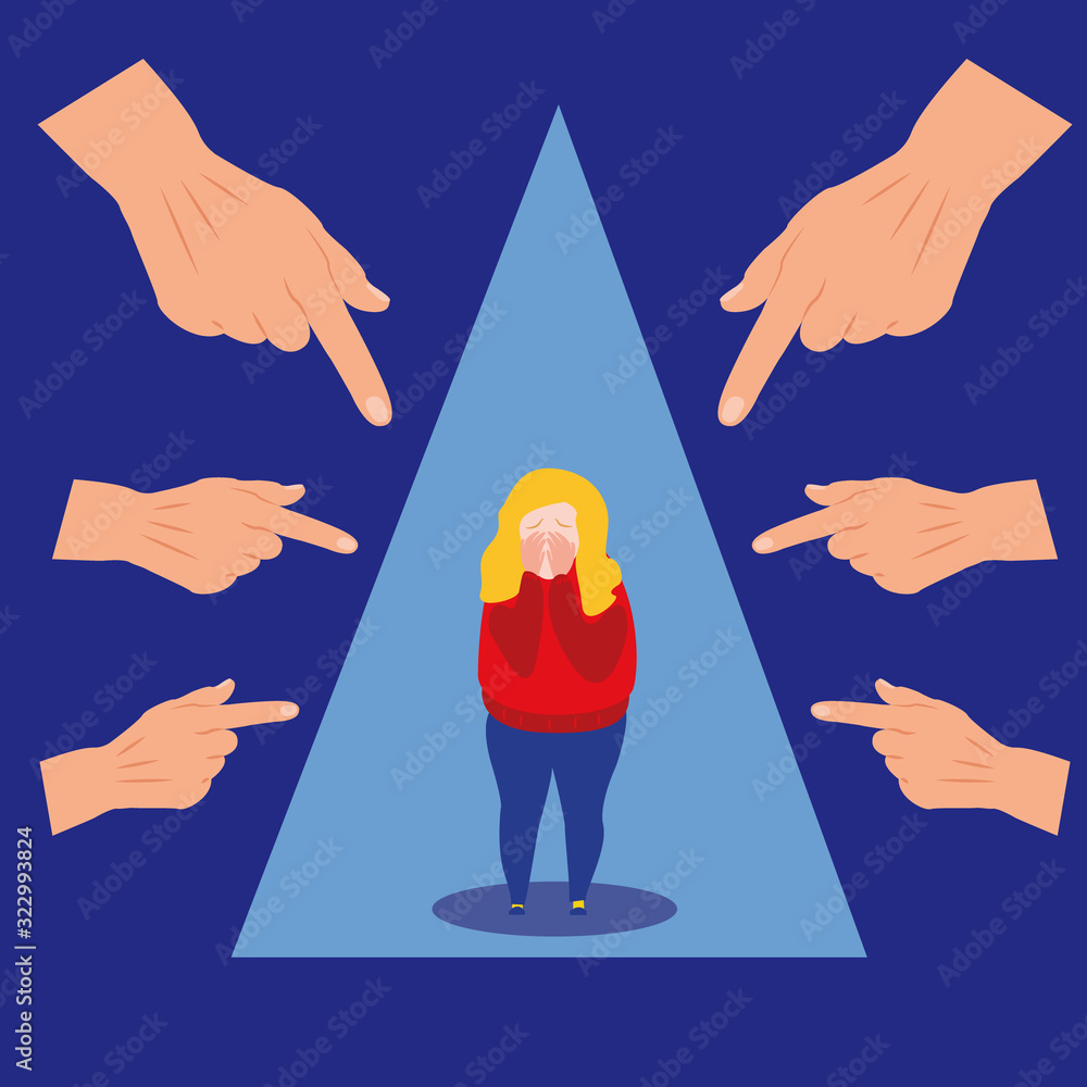 Sad or depressed young woman surrounded by hands with index fingers ...