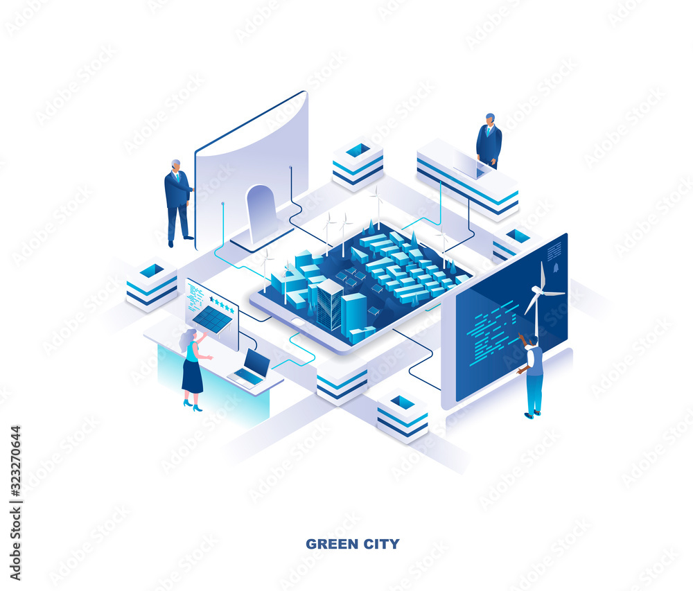 Green city isometric landing page. Concept of sustainable energy or eco ...