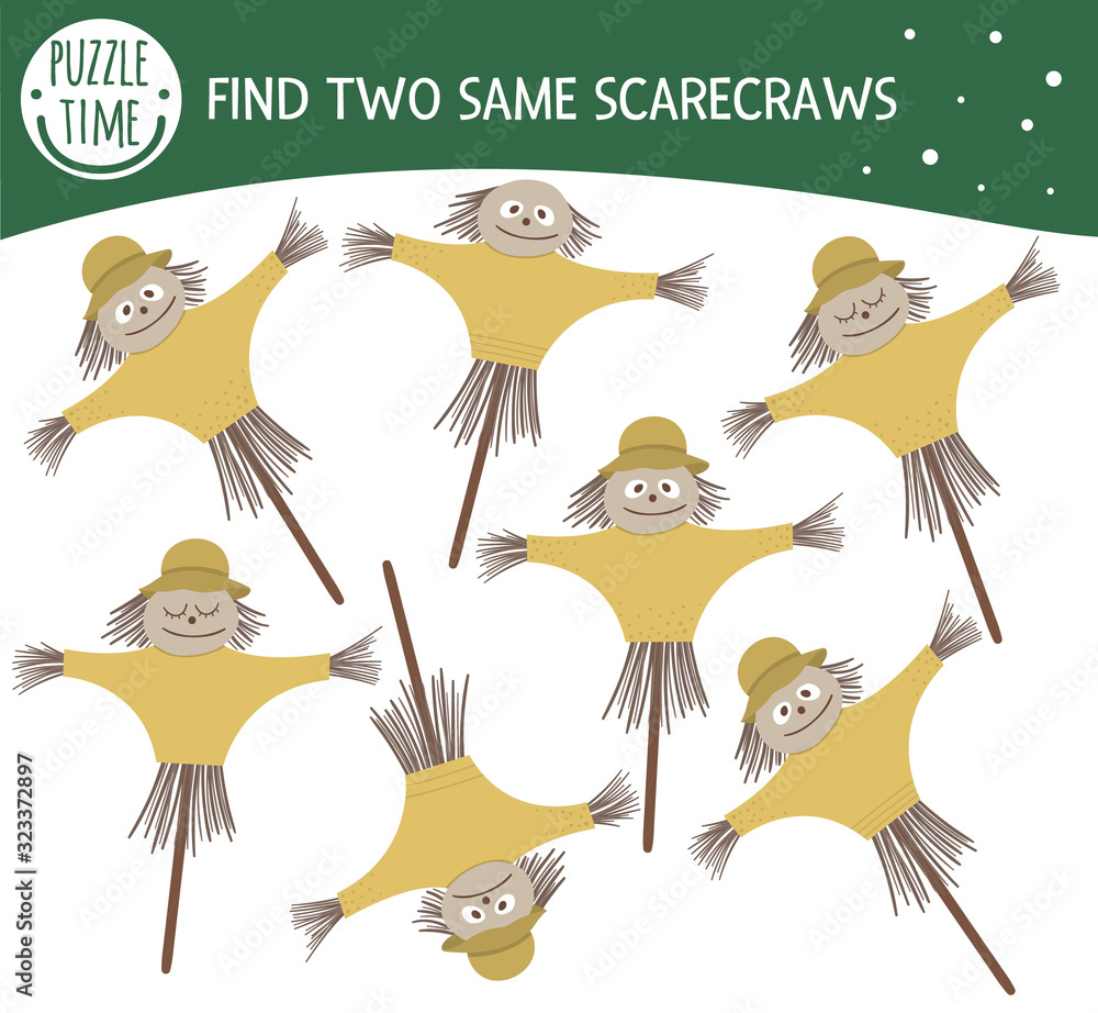 Find two same scarecrows. Garden or farm themed matching activity for ...