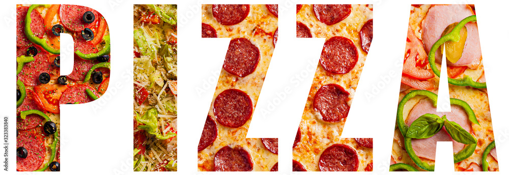 Word pizza with texture pattern of different pizzas for each letter ...