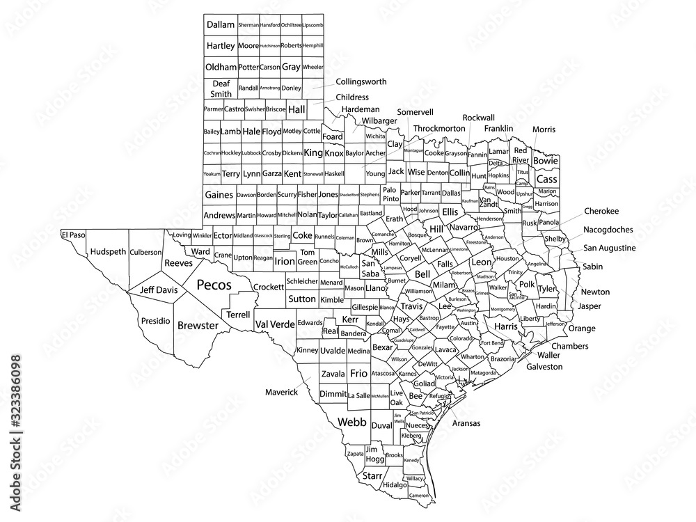White Outline Counties Map With Counties Names of US State of Texas Stock Vector | Adobe Stock