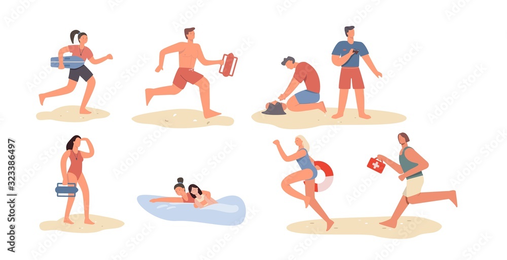 Set of cartoon beach lifeguard people isolated on white background ...