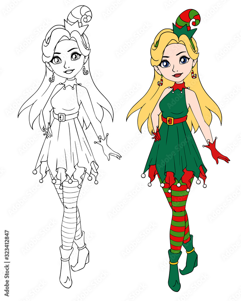 Cartoon teenage girl wearing christmas elf costume. Contour picture for ...