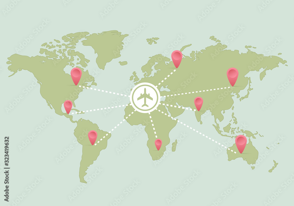 World map with dashed line and airplanes flying. Travel and tourism ...