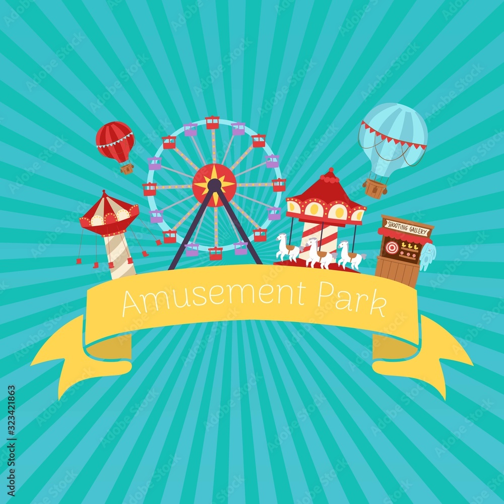 Amusement park retro vector illustration. Flat design conceptual city ...
