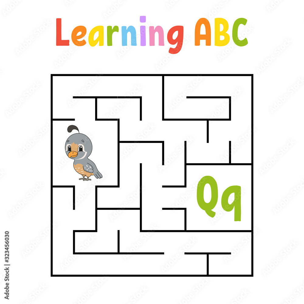 Square maze. Game for kids. Quail bird. Quadrate labyrinth. Education worksheet. Activity page ...