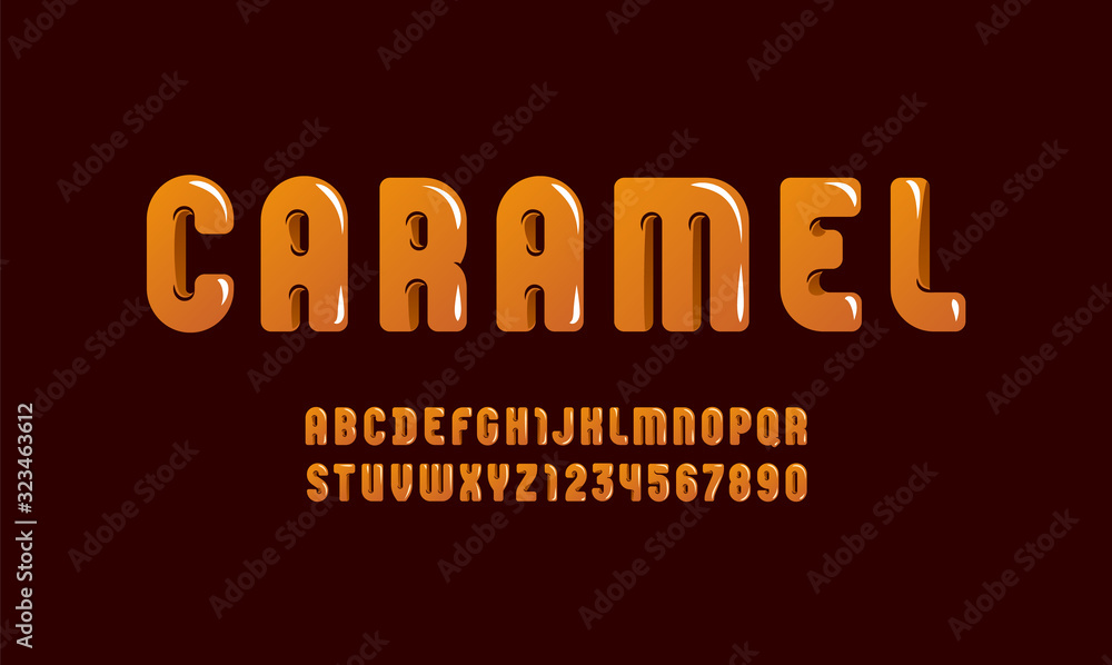 Caramel glossy font, trendy alphabet in the cartoon style, tasty ...